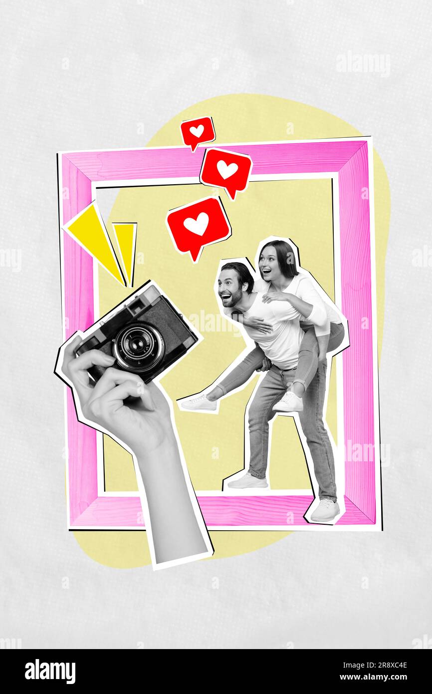 Creative drawing collage picture of funny couple carry piggyback hand ...