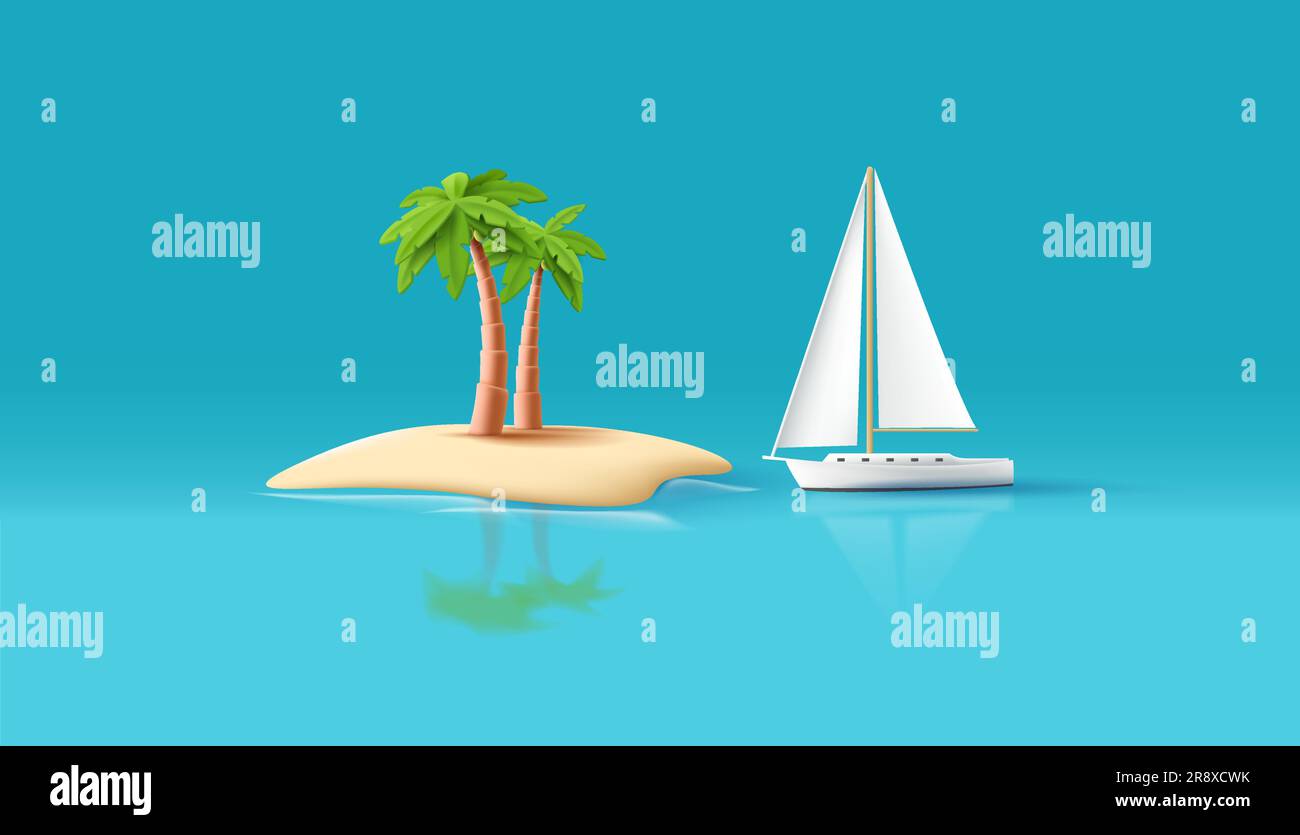 Vector 3d illustration of tourist island with palm tree and yacht on ...