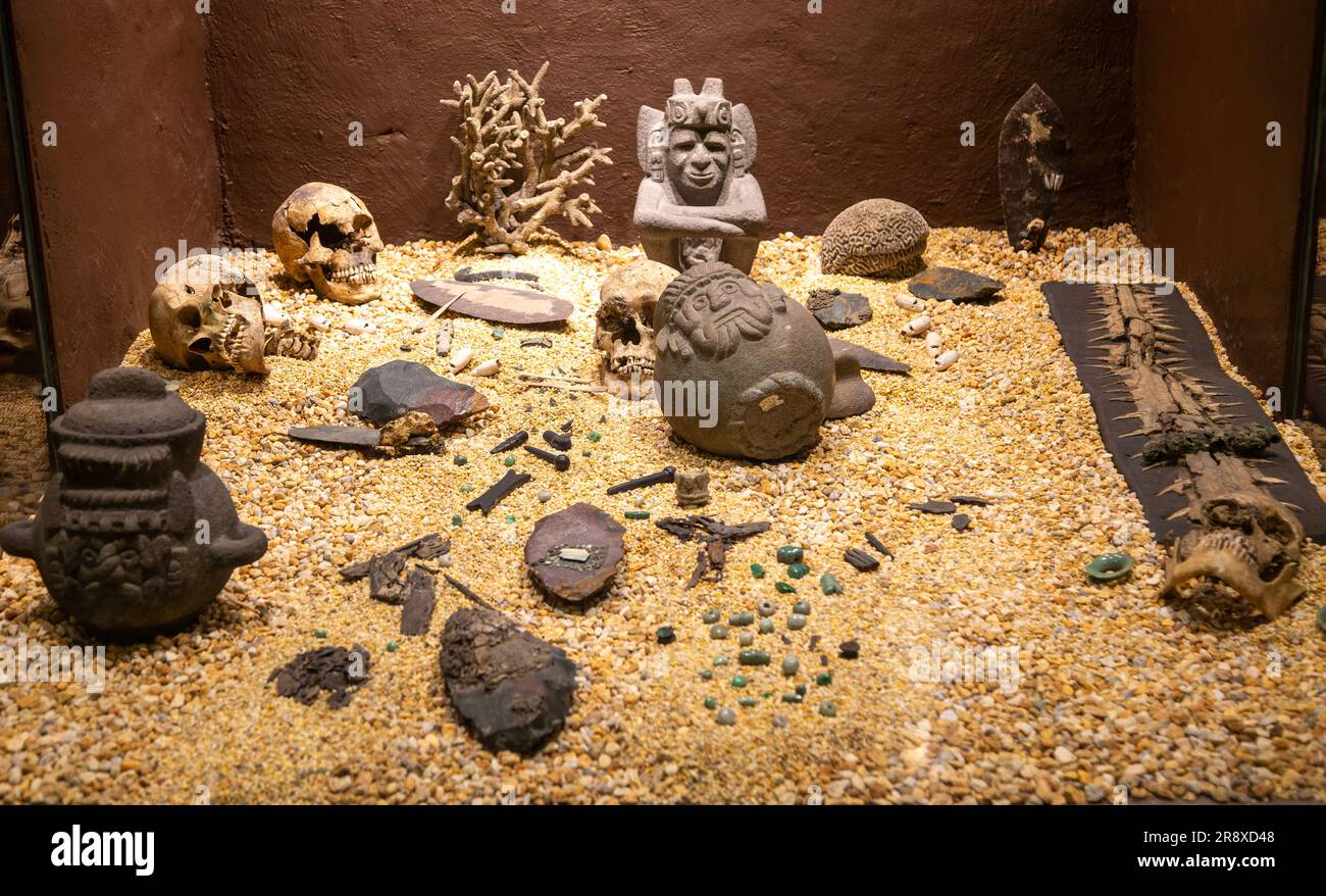 Display of offering including human skulls, archaeological site and ...