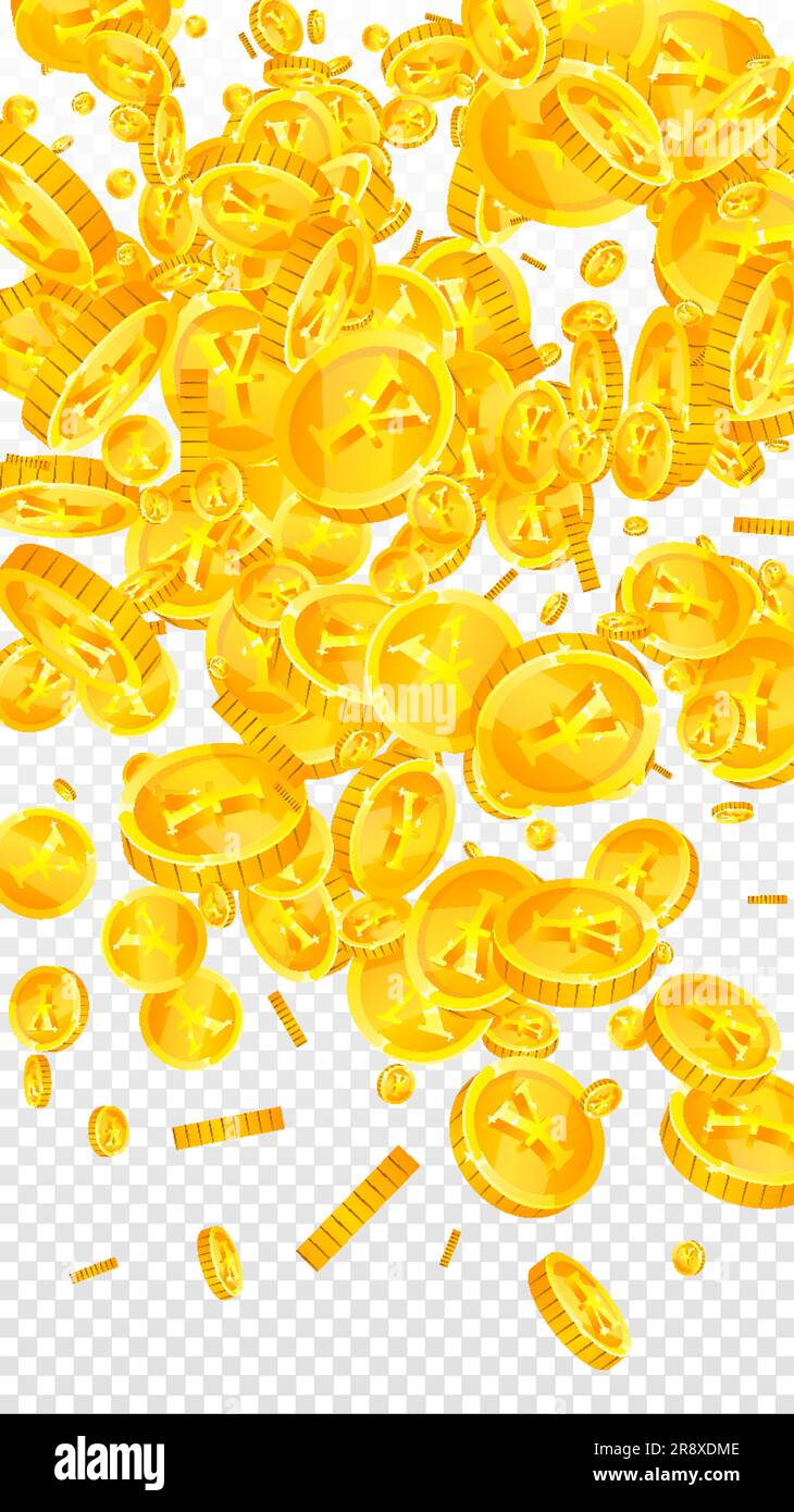 Japanese yen coins falling. Scattered gold JPY coins. Japan money ...