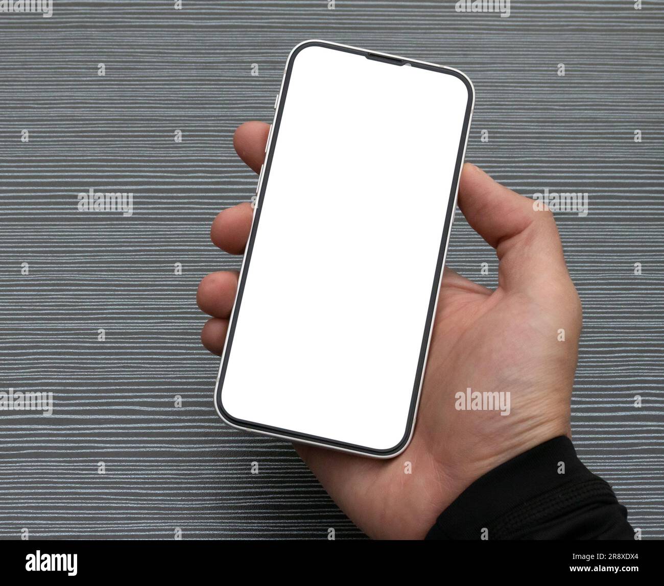 Concept for brochure and advertisement. Hand holding a phone with white ...