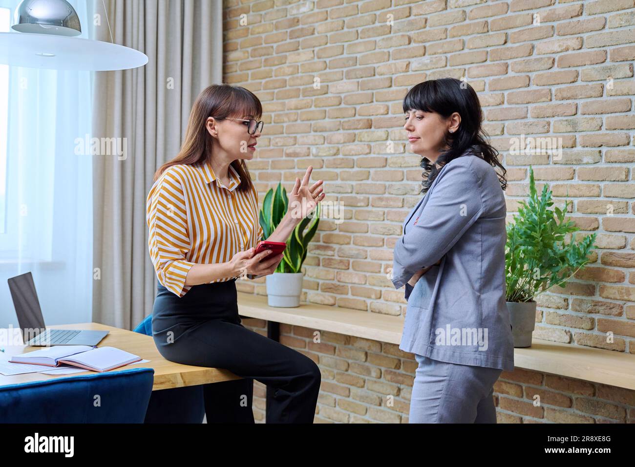 Two mature business women are talking in a modern office Stock Photo ...