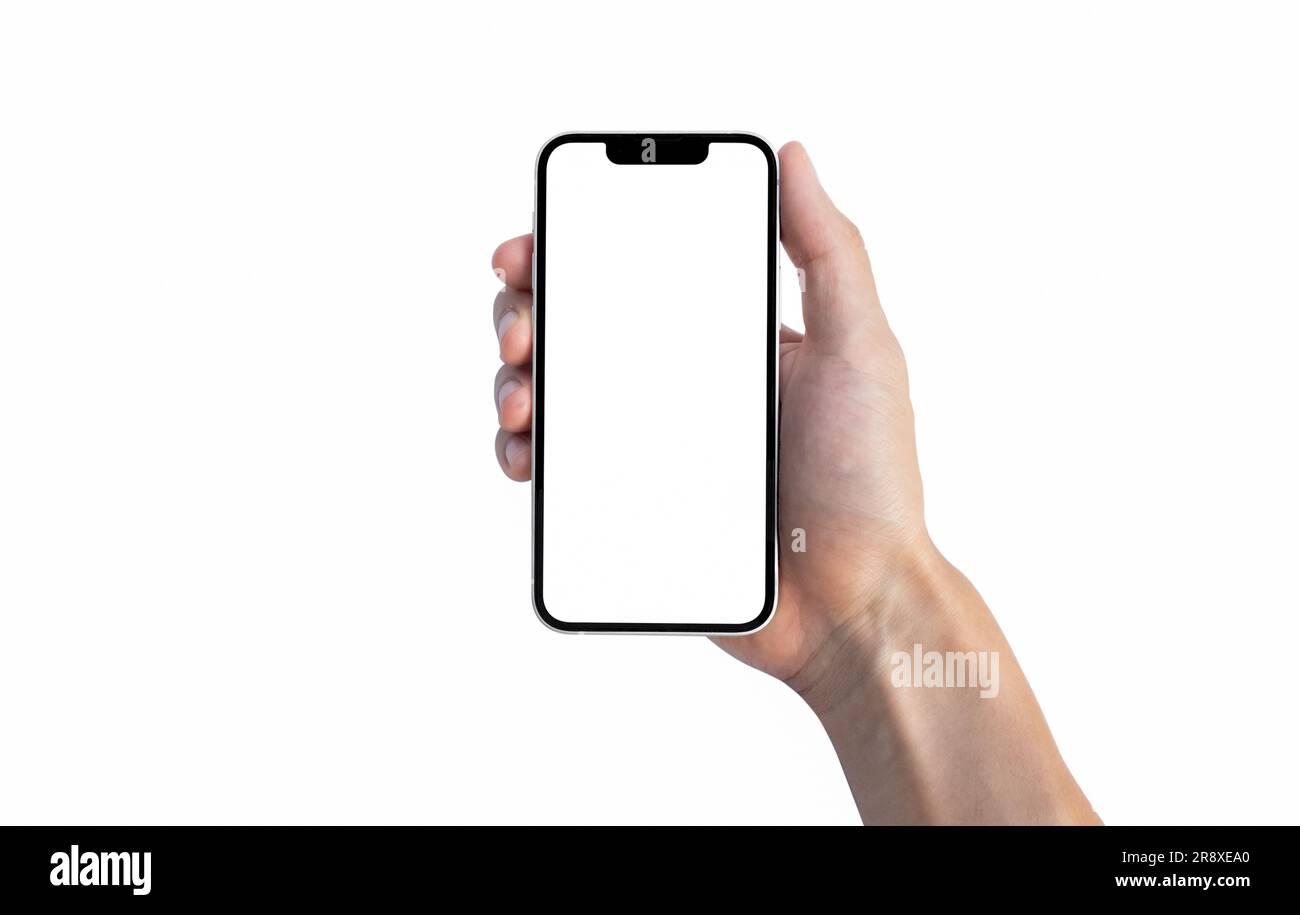 Concept for brochure and advertisement. Man holding a phone with his ...