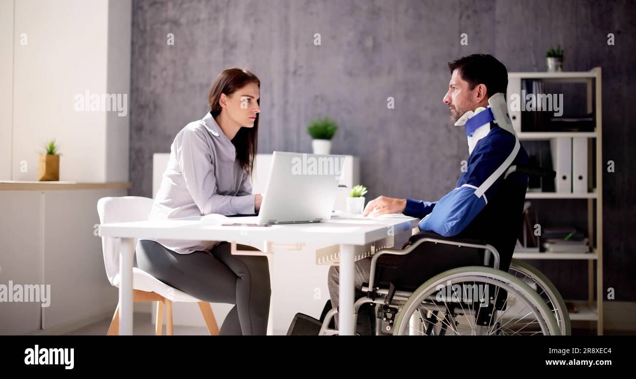 Accident Disability Claims Attorney Or Lawyer And Injured Client Stock ...