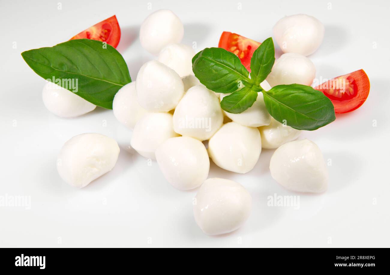 Cherry Tomato with Baby Mozzarella and Basil isolated on white ...