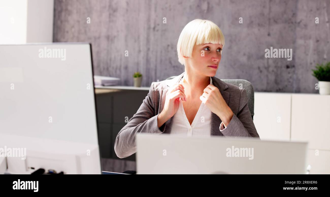 Hot Office Weather. Woman Sweating At Work Stock Photo - Alamy