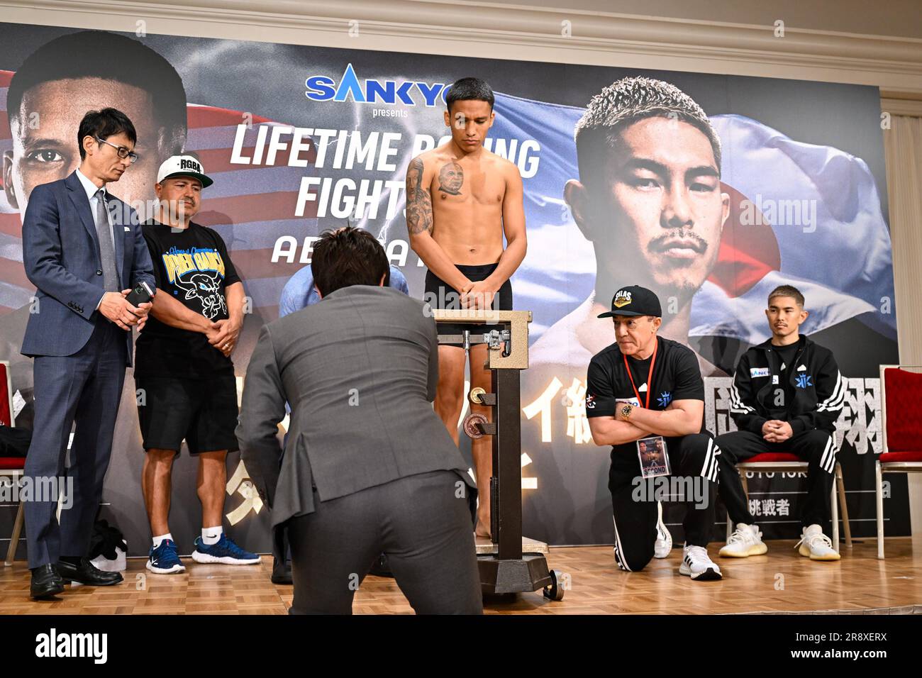 Joshua Franco (L) of U.S. during the weigh-in for the WBA super-flyweight title boxing bout in ...