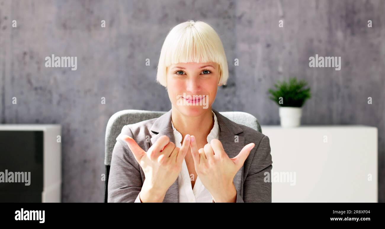 Online Meeting On Computer Using Sign Language Stock Photo - Alamy