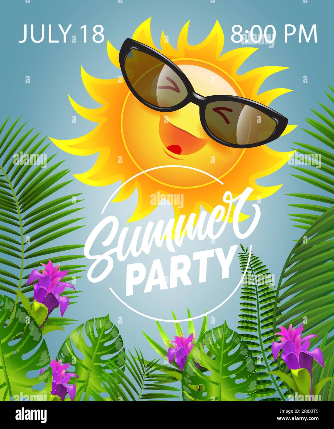 Summer party lettering with smiling sun in sunglasses Stock Vector ...