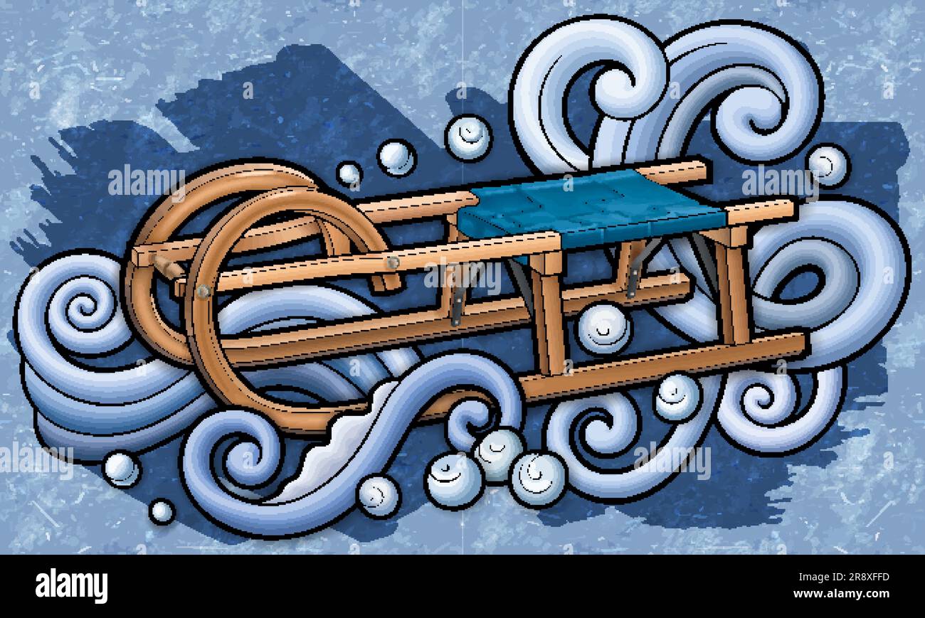 Cartoon cute doodle hand drawn sled illustration. Winter amusement ...