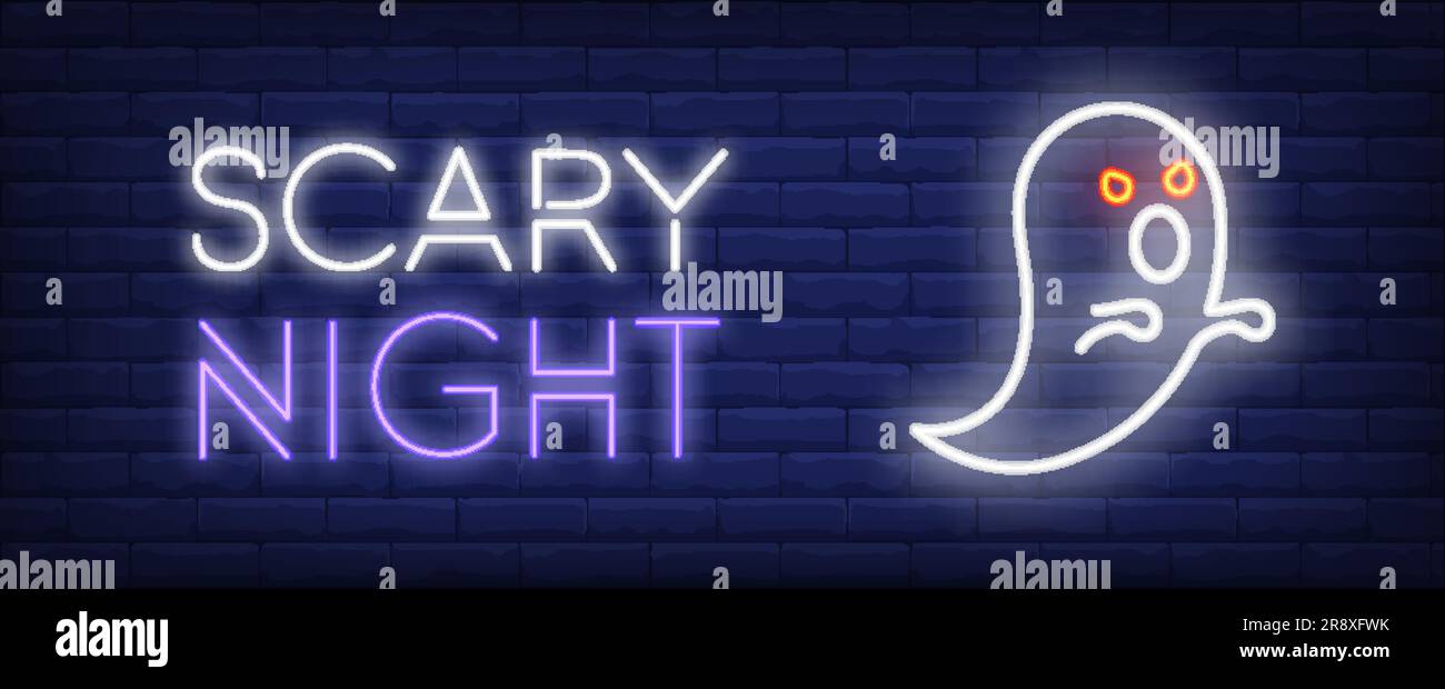 Scary night neon style banner. Spooky ghost on brick background Stock ...