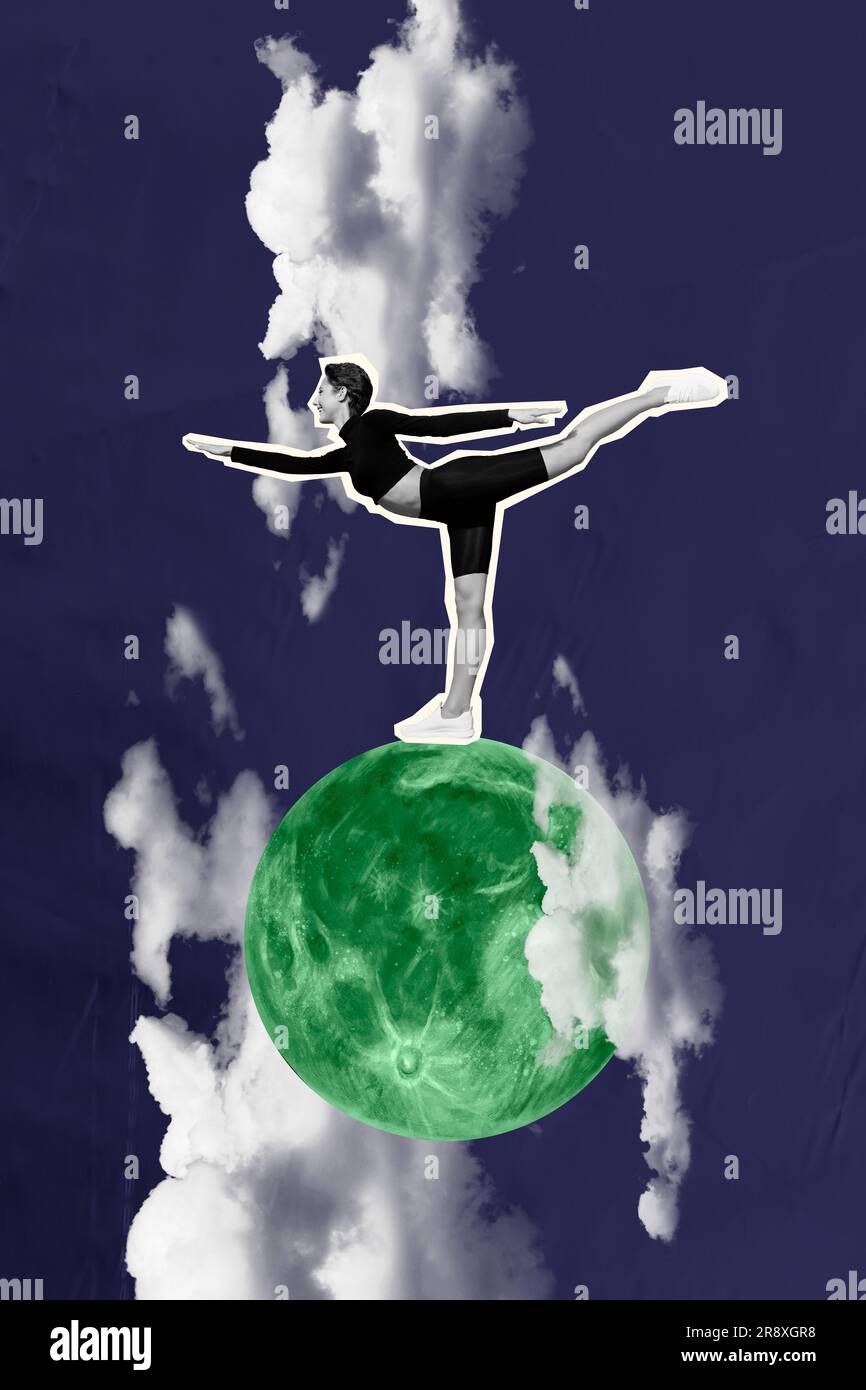 Vertical collage image of black white colors girl stand one leg big ...