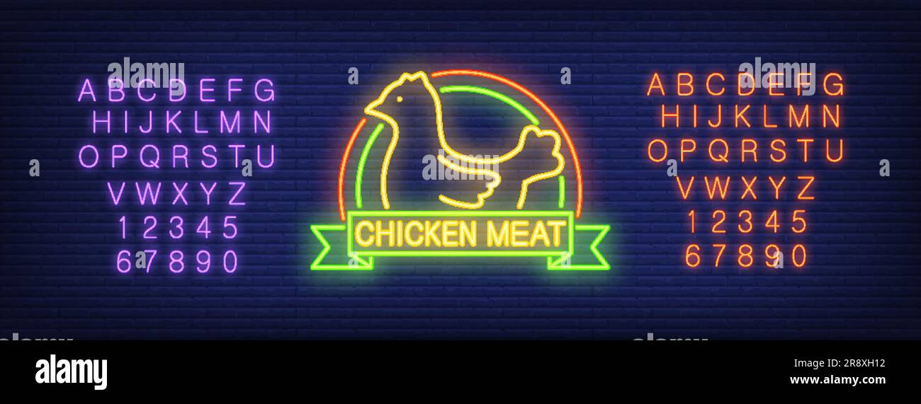 Neon alphabet and chicken emblem on brick background. Signboard ...