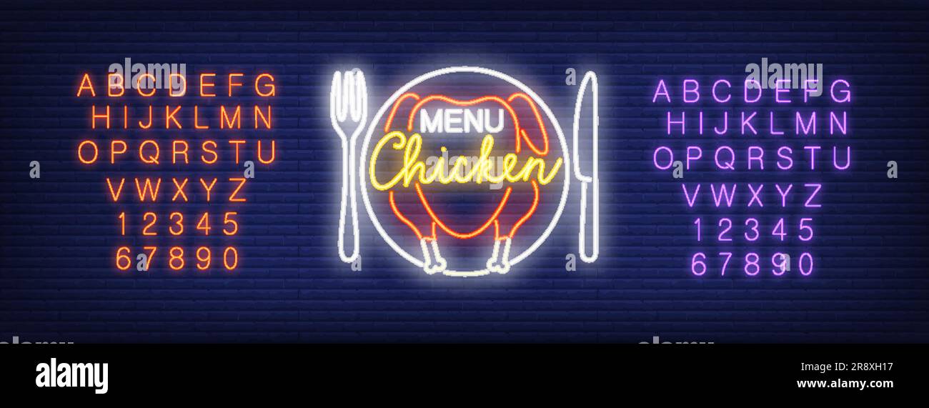 Neon alphabet and chicken on plate over brick background. Signboard ...