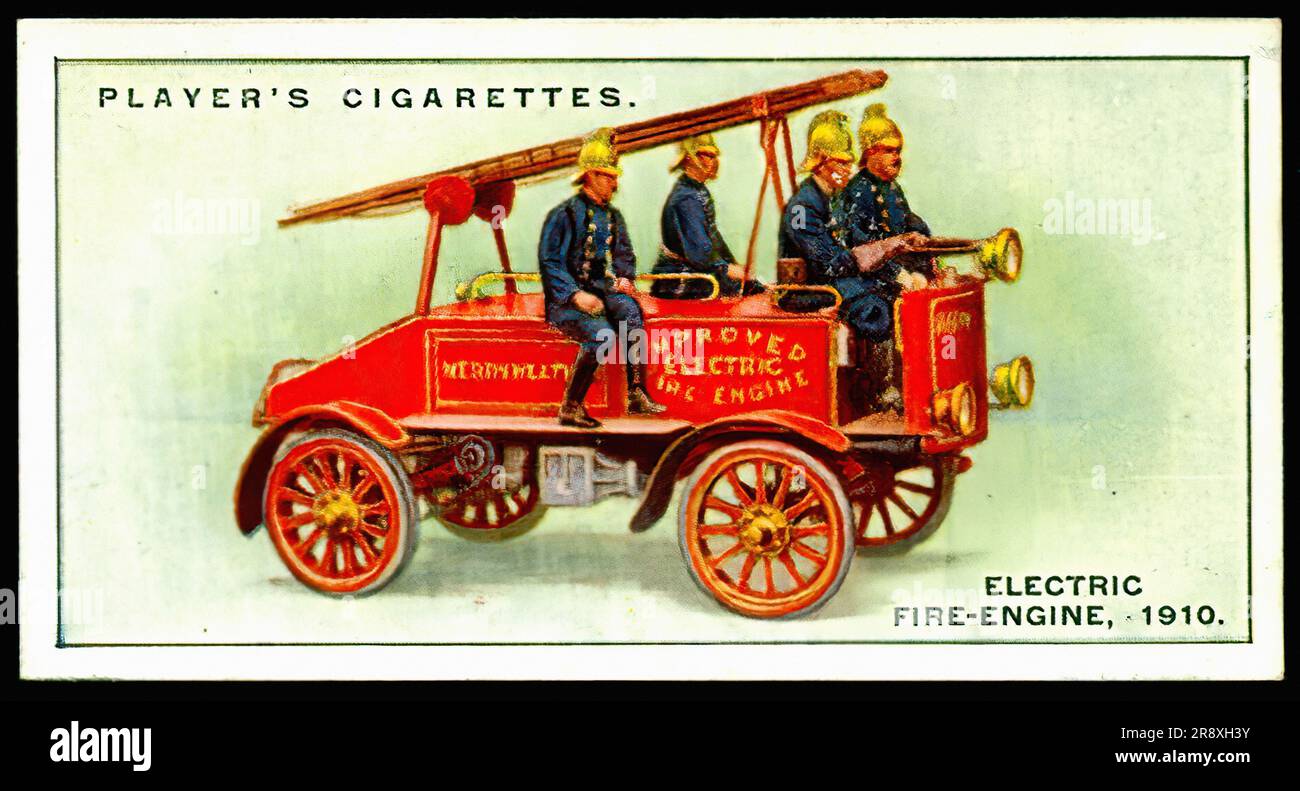 Electric Fire Engine & Crew 1910 - Vintage Cigarette Card Stock Photo ...