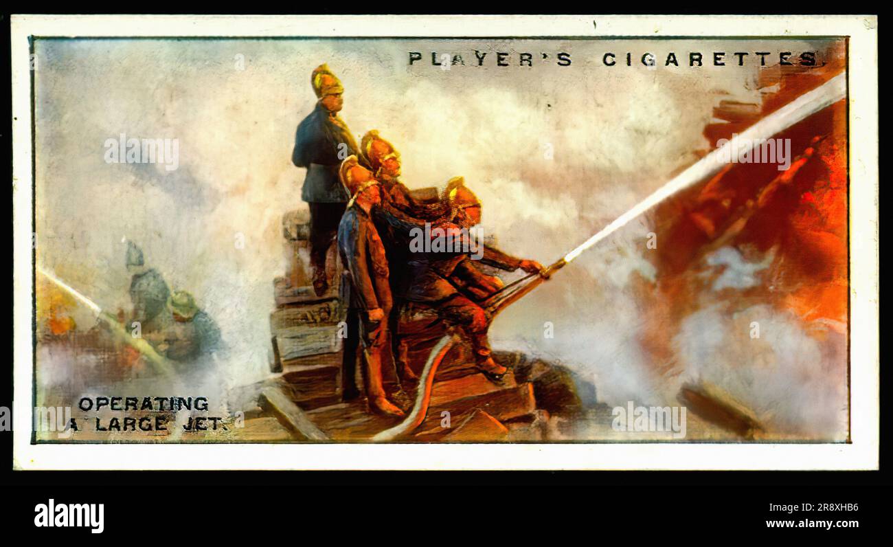 Fighting a Fire With a Large Jet - Vintage Cigarette Card Stock Photo ...