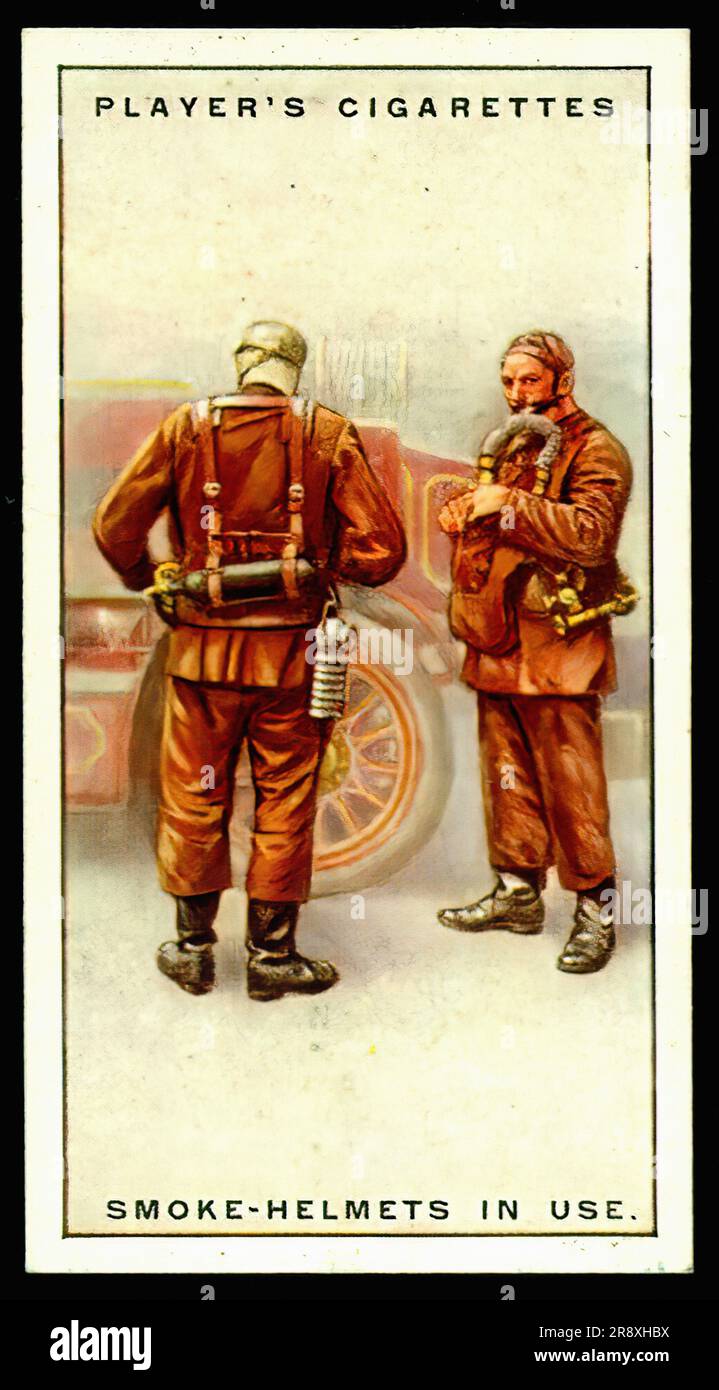 Firemen in Smoke Helmets - Vintage Cigarette Card Stock Photo - Alamy