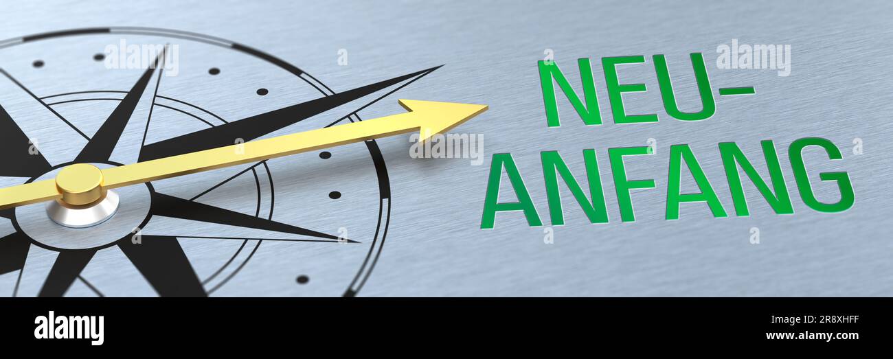 Compass needle pointing to the words New start in german - Neuanfang ...