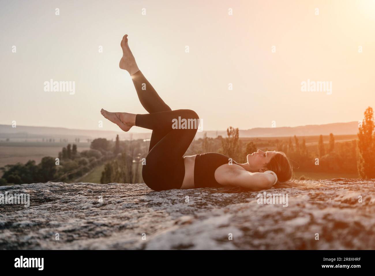 Fitness woman. Happy middle-aged fitness woman doing stretching and ...
