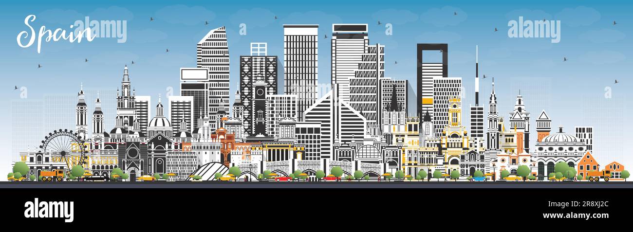 Spain City Skyline with Gray Buildings and Blue Sky. Vector ...