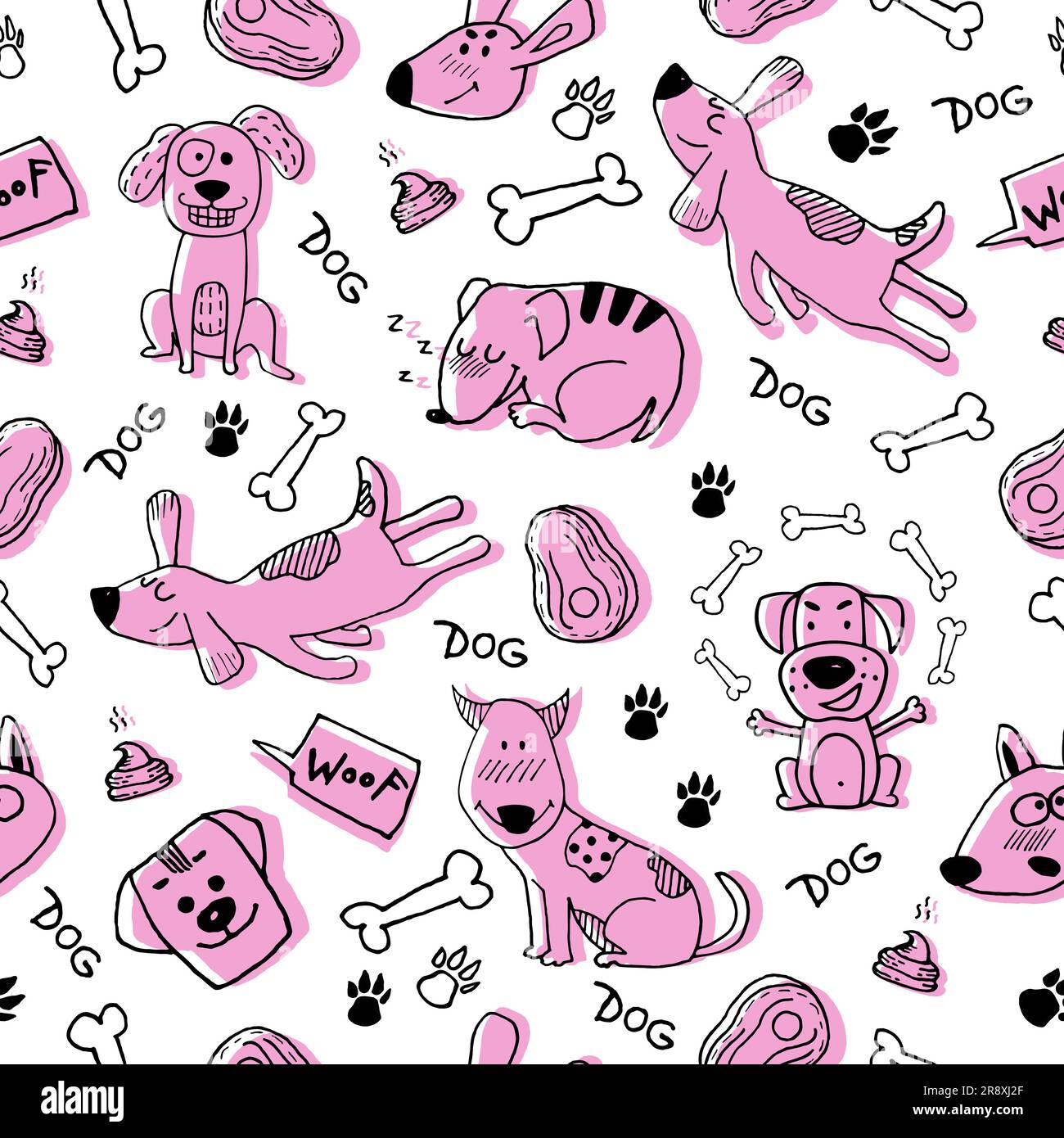 Funny seamless pattern with hand drawn doodle dogs, paw prints and ...
