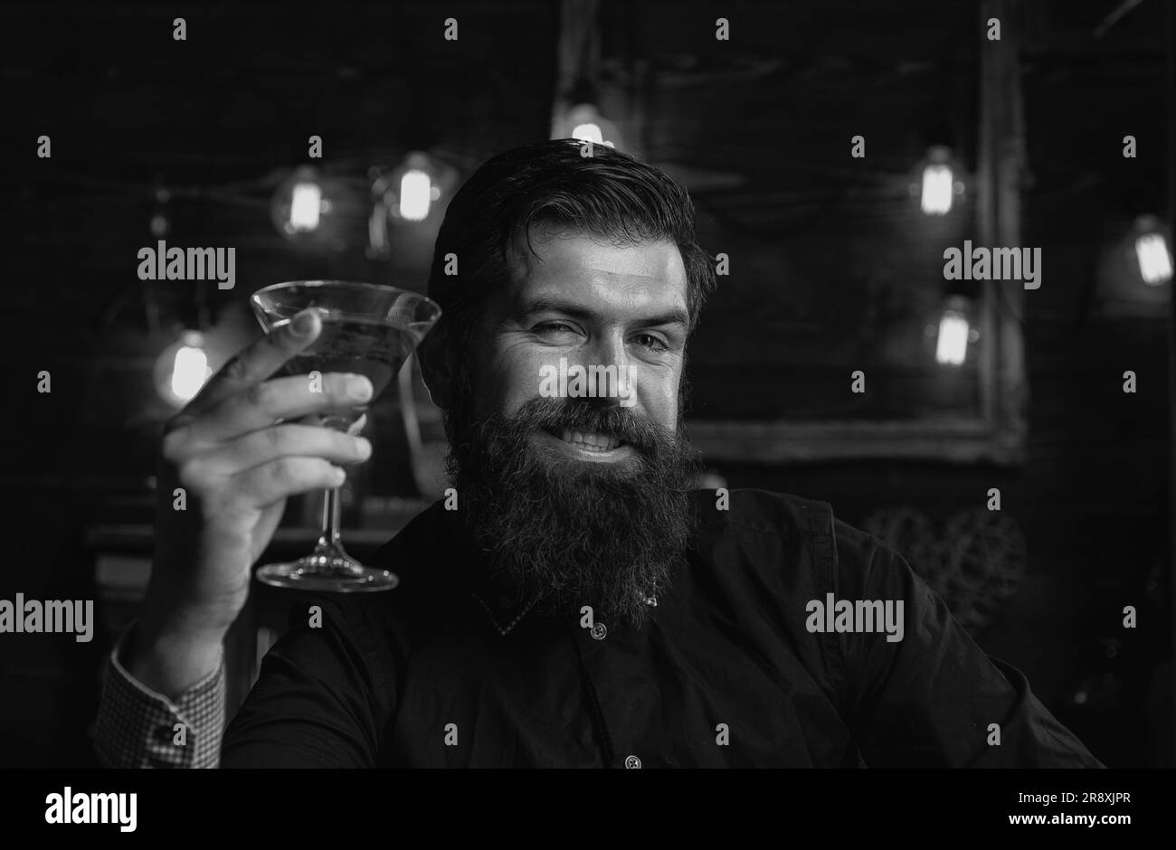 Drunk man. Liquor martini concept. Drink barman. Pub retro vintage interior. Hipster barman ...