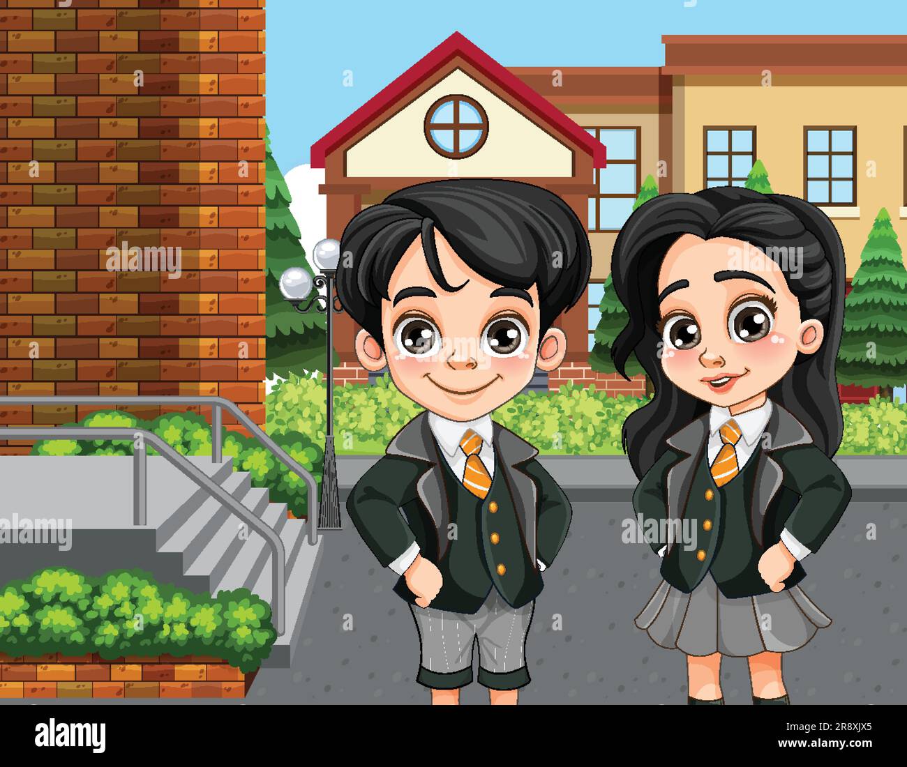 Student wearing school uniform at school scene illustration Stock ...