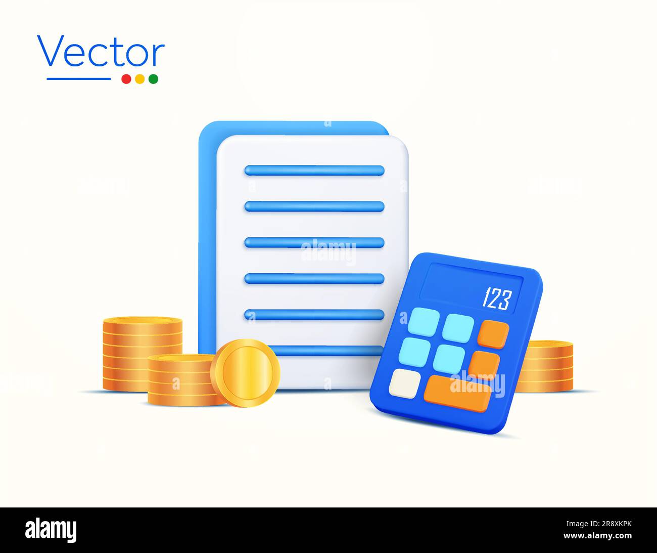3d documents or files with calculator, stacks of coins, isolated on ...