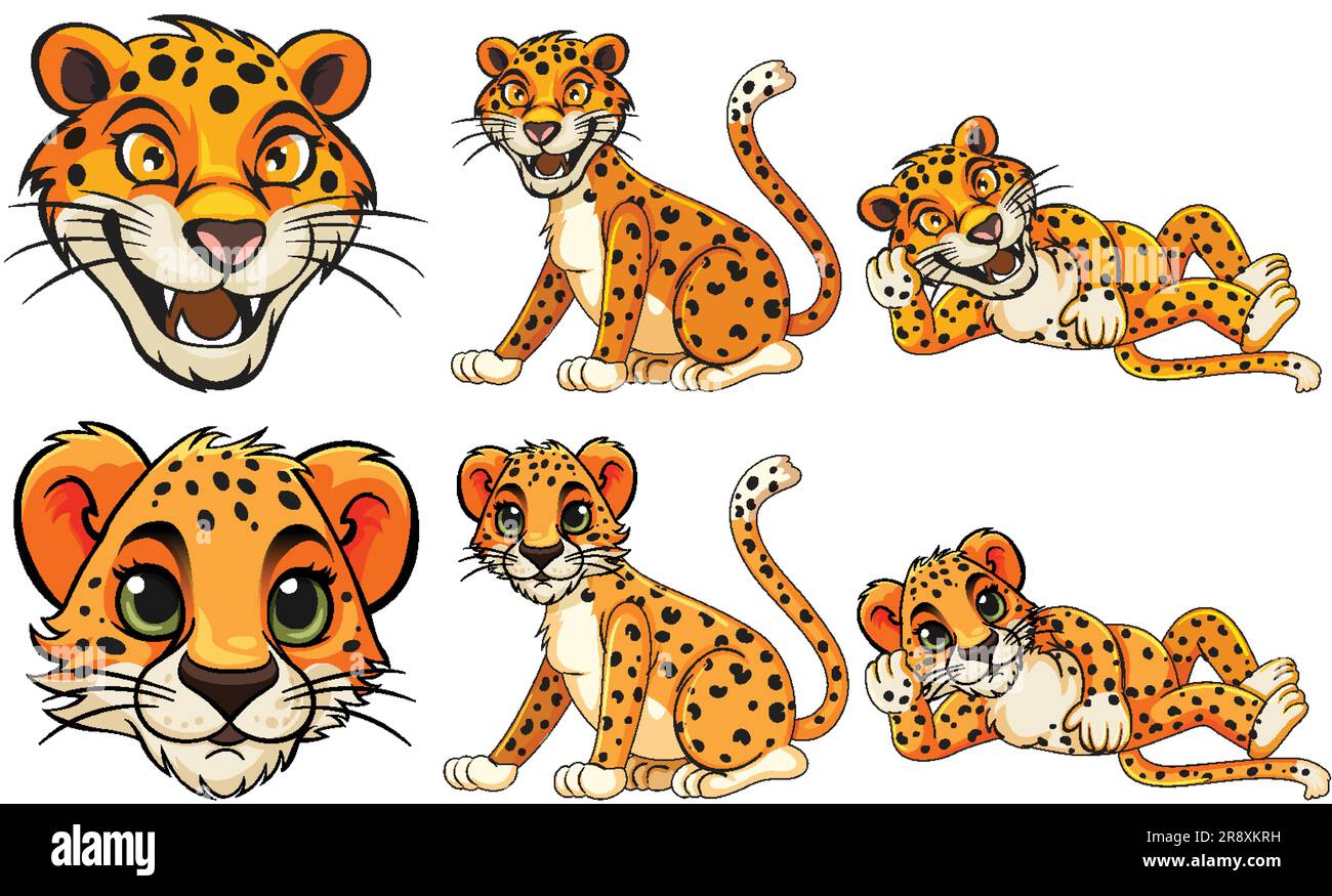 Set of leopard cartoon in different pose illustration Stock Vector ...