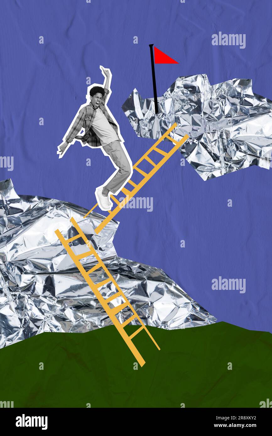 Vertical collage image of black white colors mini guy climb ladder ...