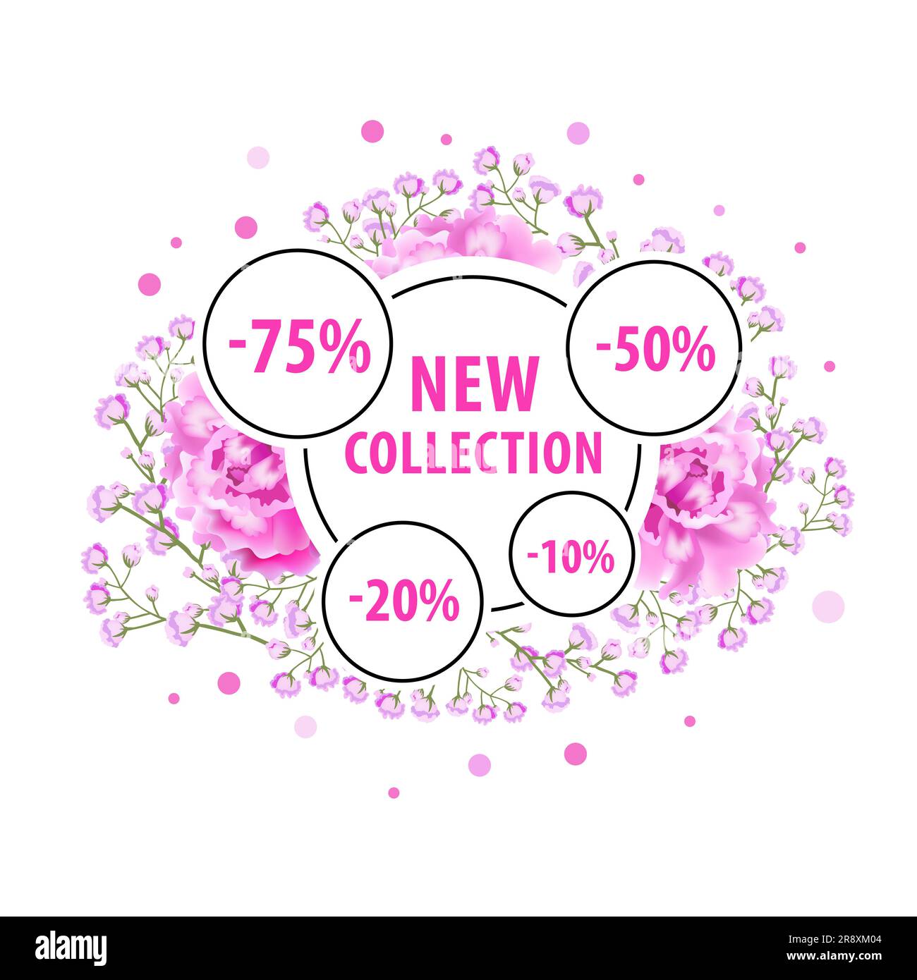 New collection label design with pink flowers, dots Stock Vector Image ...