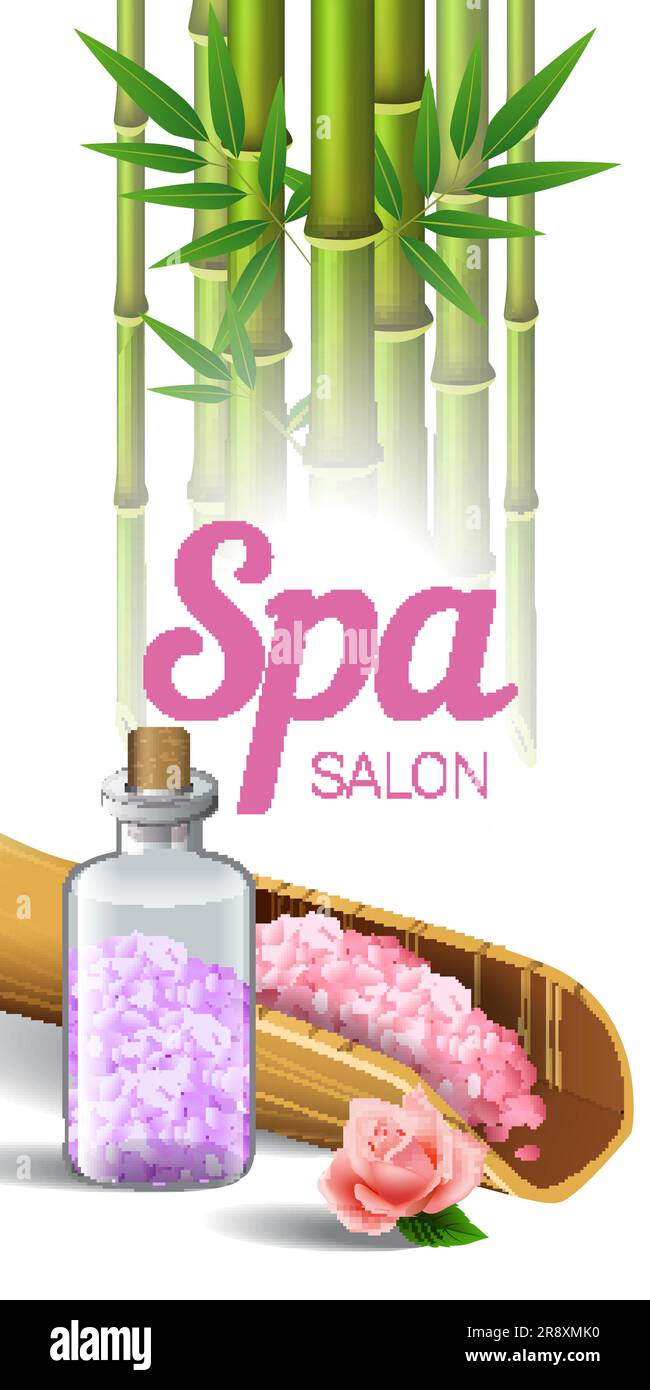 Spa salon lettering, bamboo and salt in scoop and bottle Stock Vector ...