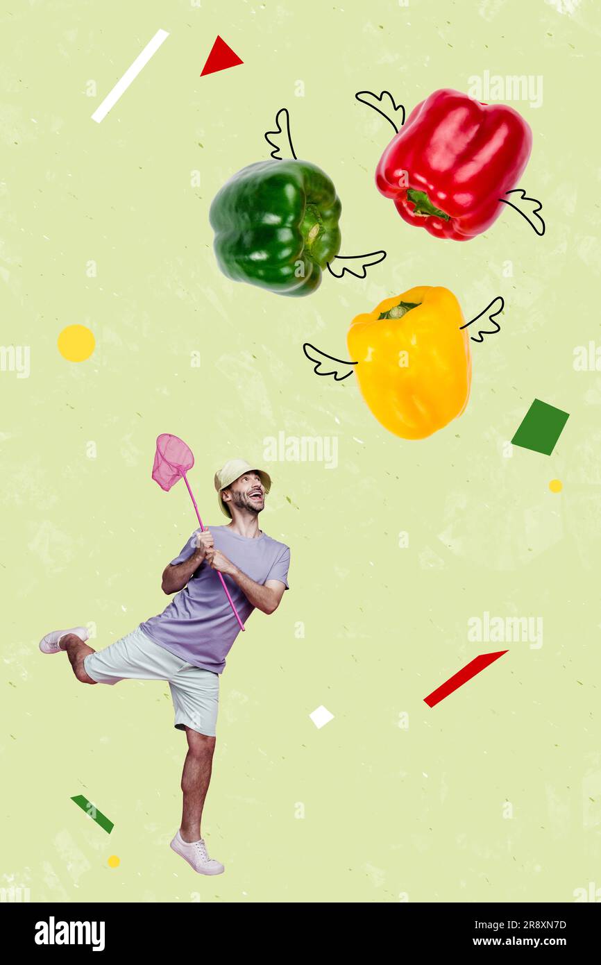 Abstract template graphics collage image of excited funky guy catching ...