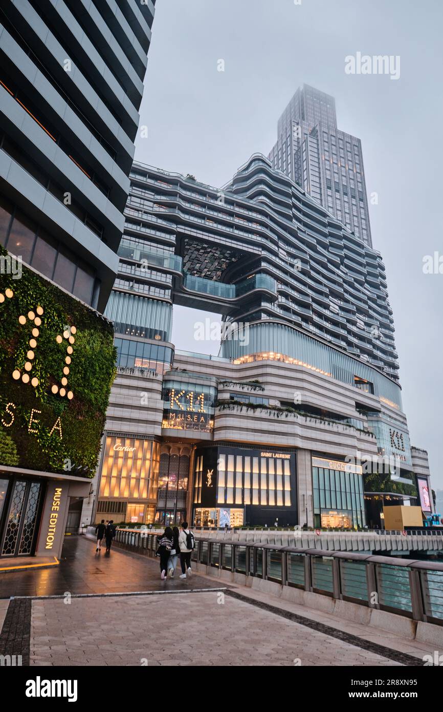 Hong Kong, China - April 2023: Modern shopping mall K11 Musea and its glass facade in Tsim Sha ...