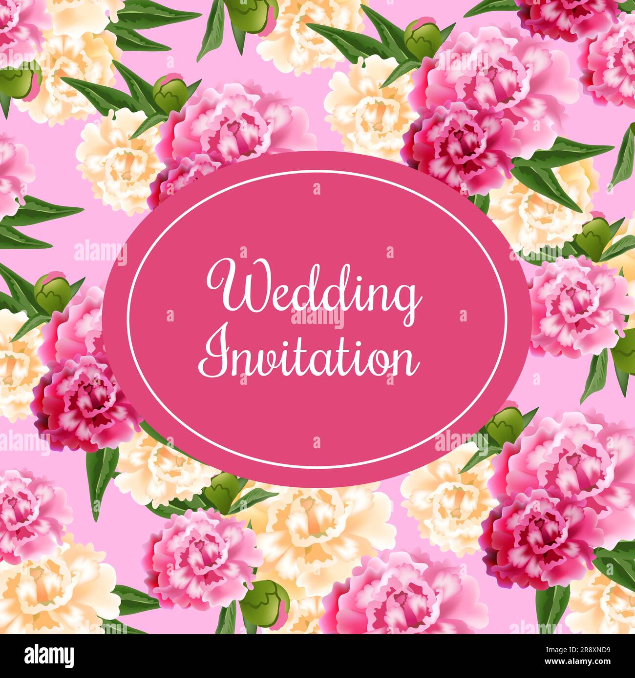 Wedding invitation card design with magenta oval and peonies Stock ...