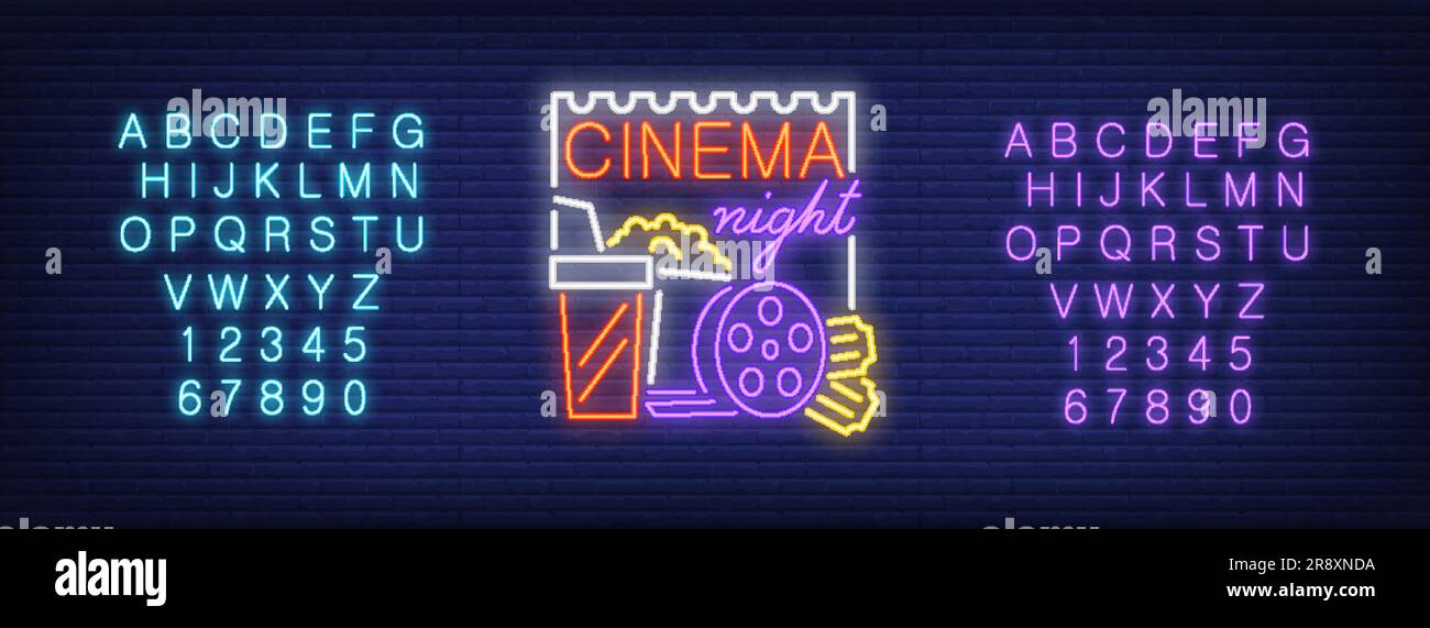 Neon alphabet and Cinema Night text with popcorn, drink, reel and ...