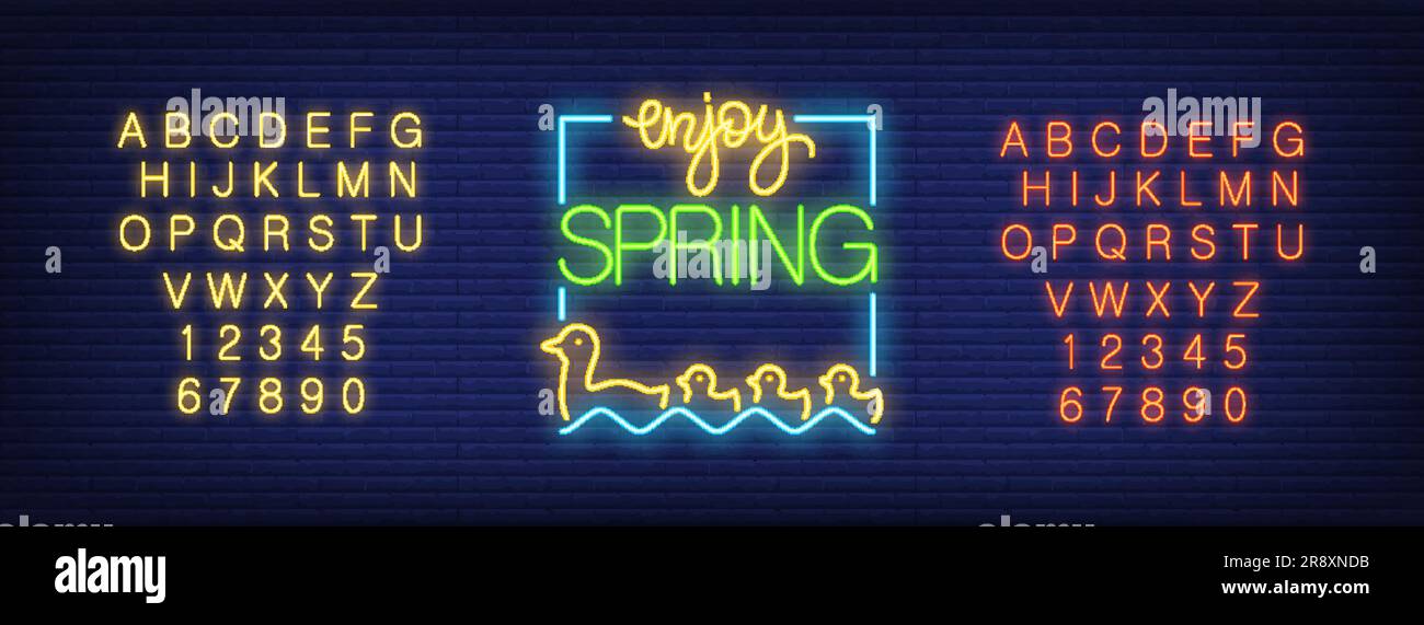 Neon alphabet and Enjoy Spring emblem over brick background. Signboard ...