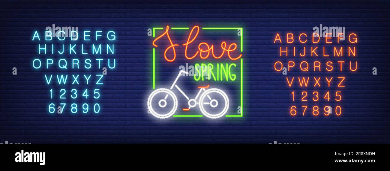 Neon alphabet and I Love Spring with bicycle on brick background ...