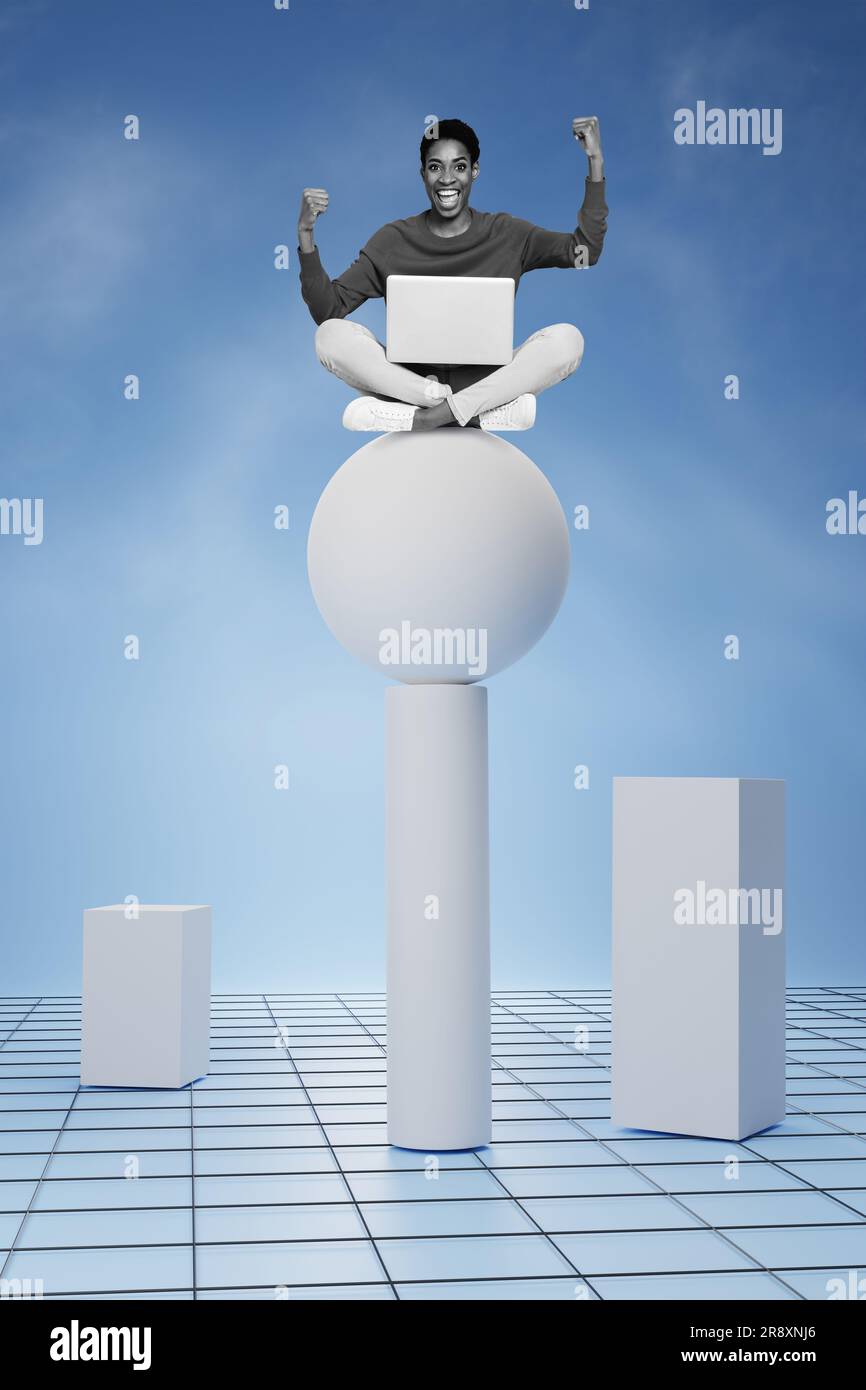 Vertical collage picture of black white colors delighted person sit top ...