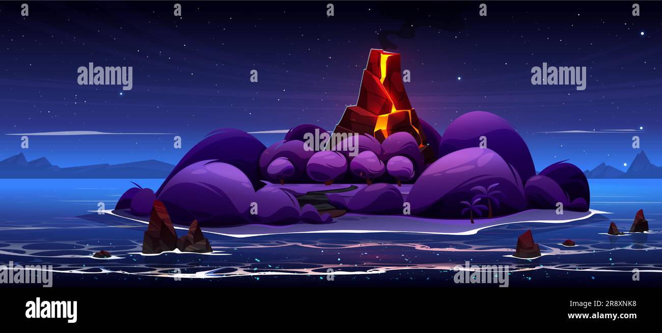 Night volcano island in ocean cartoon vector background. Magma eruption ...