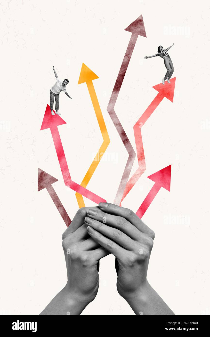 Vertical collage image of black white effect big arms hold arrow ...