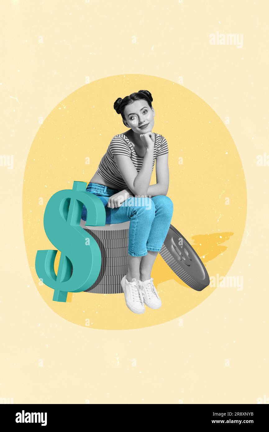 3d abstract artwork template collage of thoughtful lady thinking money ...
