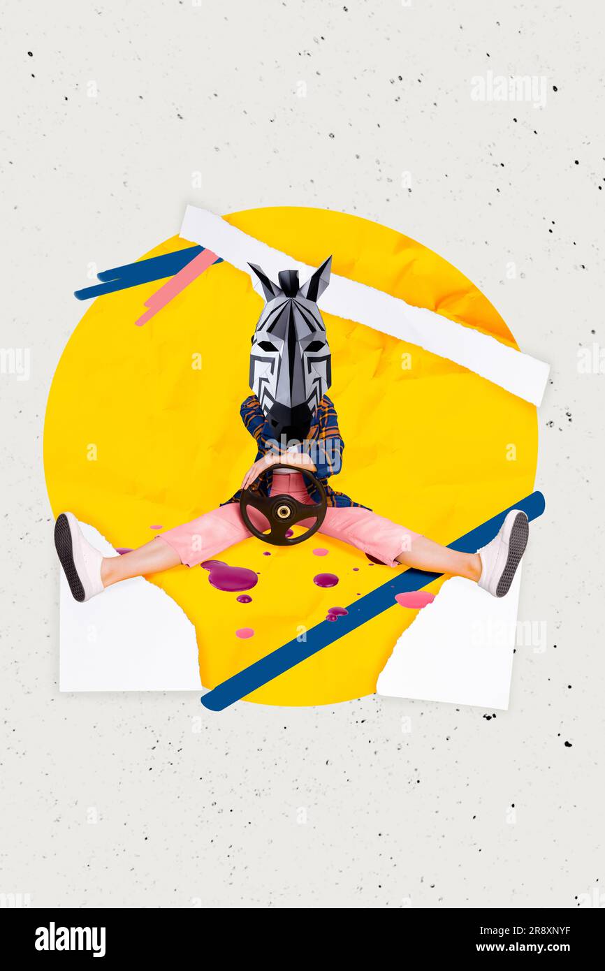 Vertical collage picture of headless surrealism zebra animal mask ...