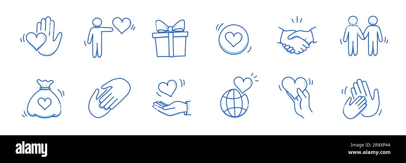 Community trust hand, social heart doodle line icon. Charity community ...