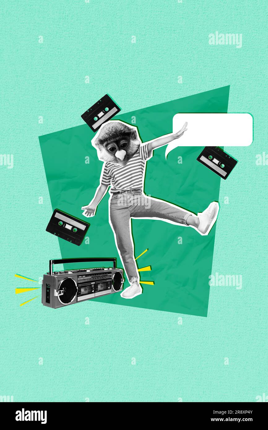 Concert collage of young headless surreal animal masquerade discotheque concert listen old ...