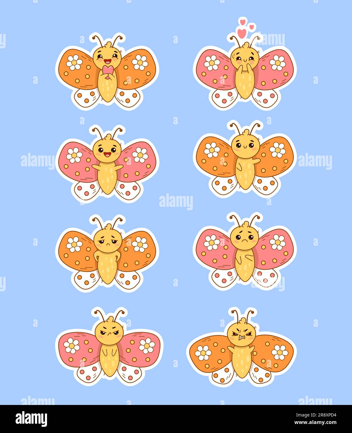 Collection stickers cute cartoon butterflies with different emotions ...