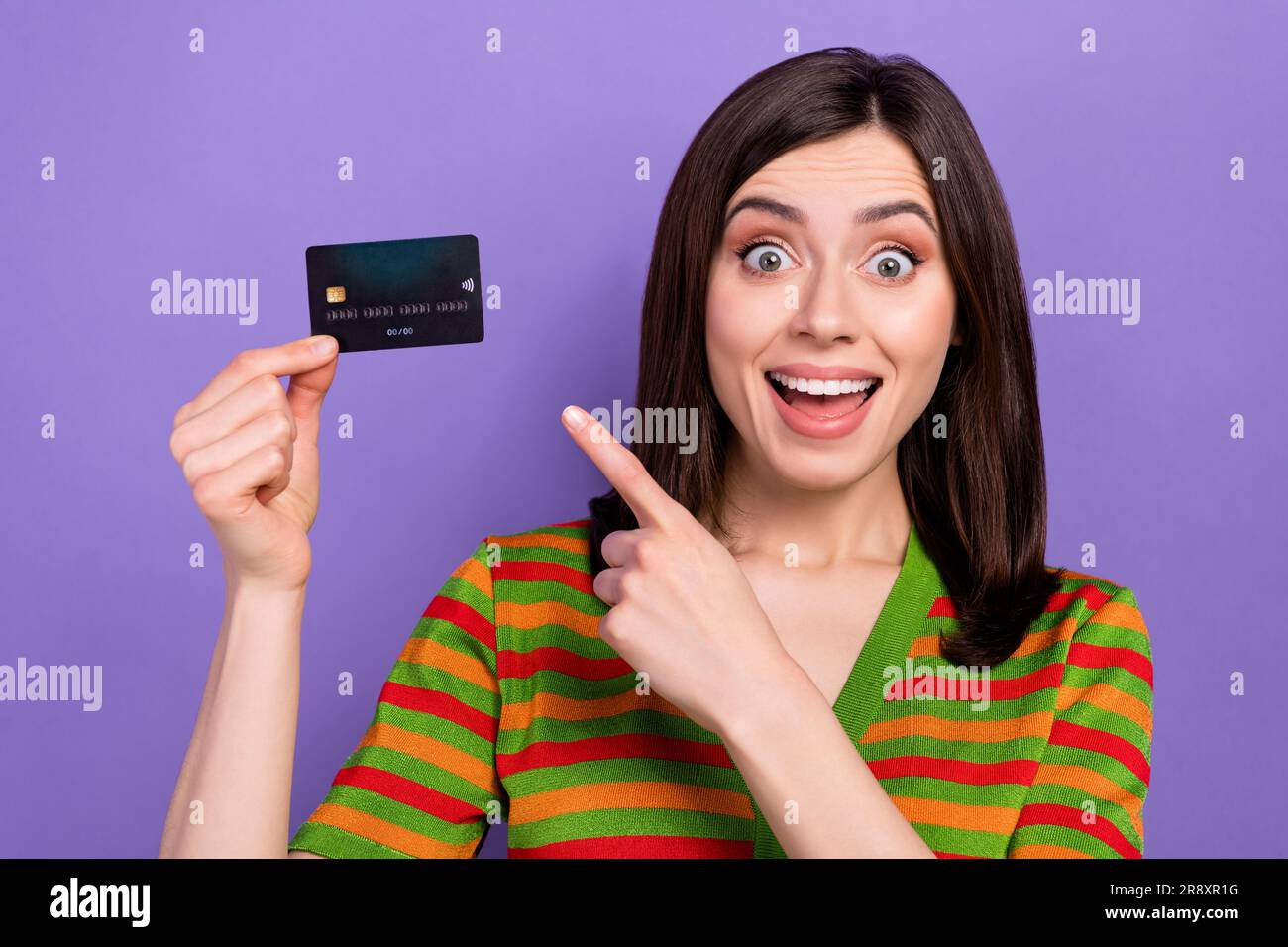 Portrait of lovely gorgeous positive lady wear stylish clothes showing ...