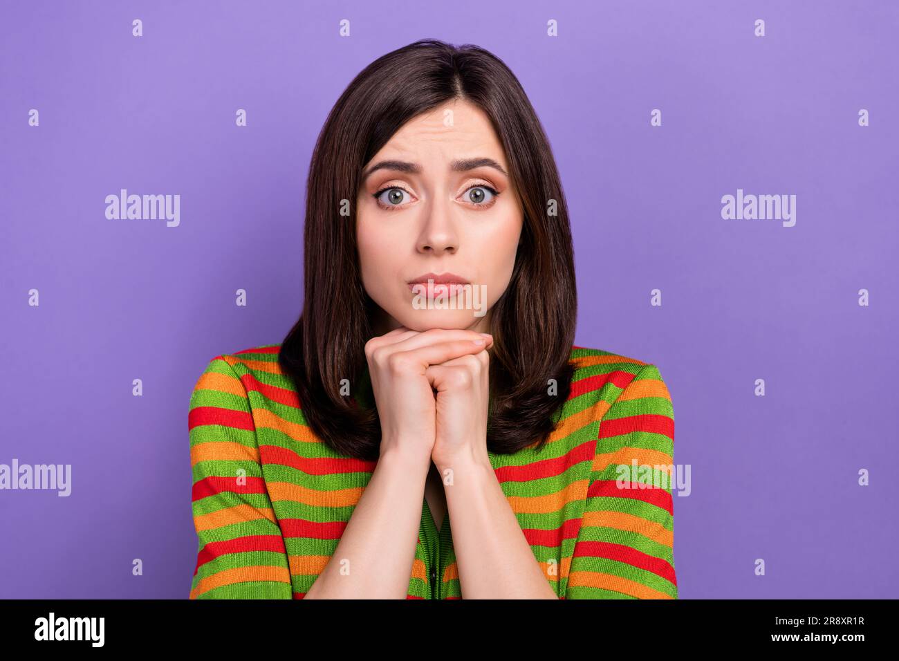 Portrait of lovely girlfriend wear trendy clothes two arm under chin ...