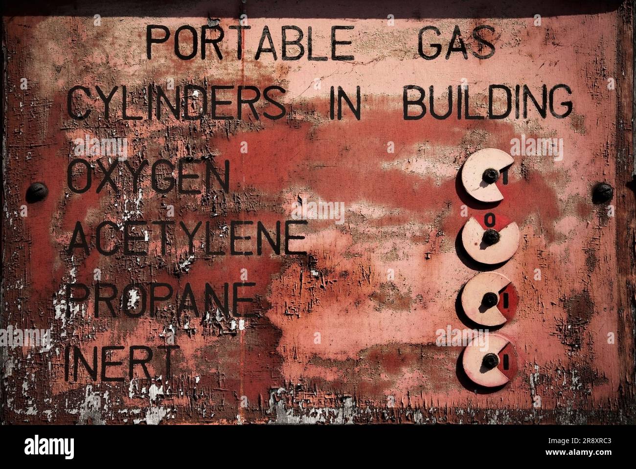 Old sign for industrial gas tanks containing oxygen, acetylene and ...
