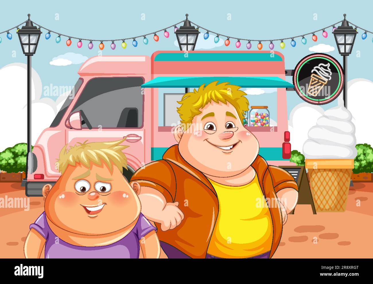 Two Fat Men in Front of Food Truck illustration Stock Vector Image ...